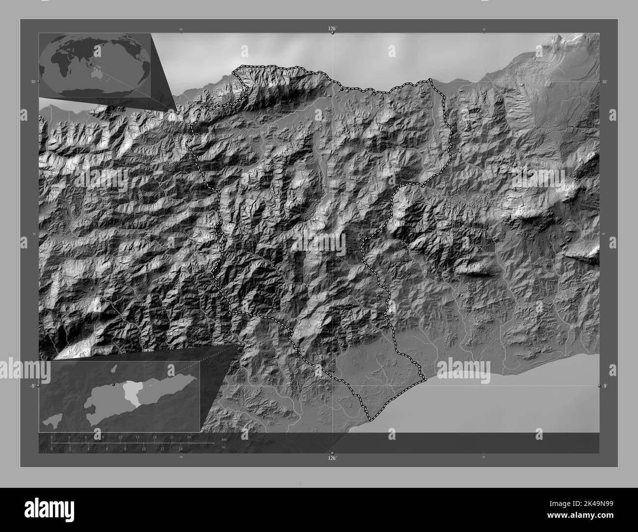 Manatuto, municipality of East Timor. Bilevel elevation map with lakes ...
