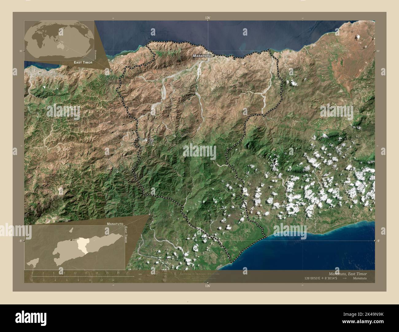 Manatuto, municipality of East Timor. High resolution satellite map ...