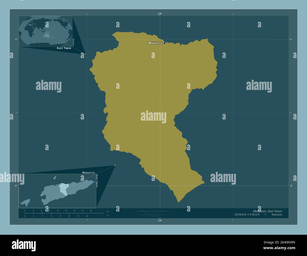 Manatuto, municipality of East Timor. Solid color shape. Locations and ...