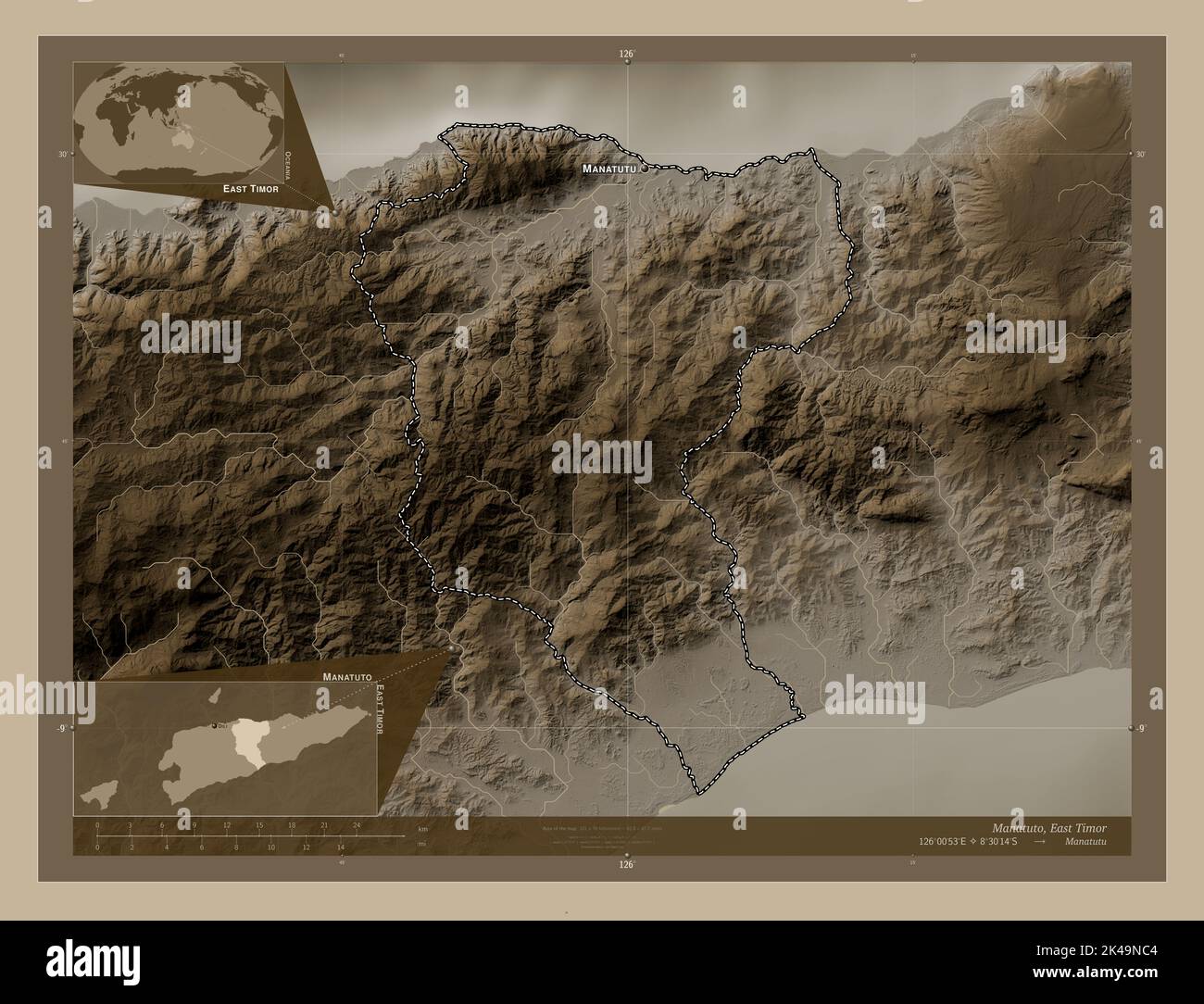 Manatuto, municipality of East Timor. Elevation map colored in sepia ...