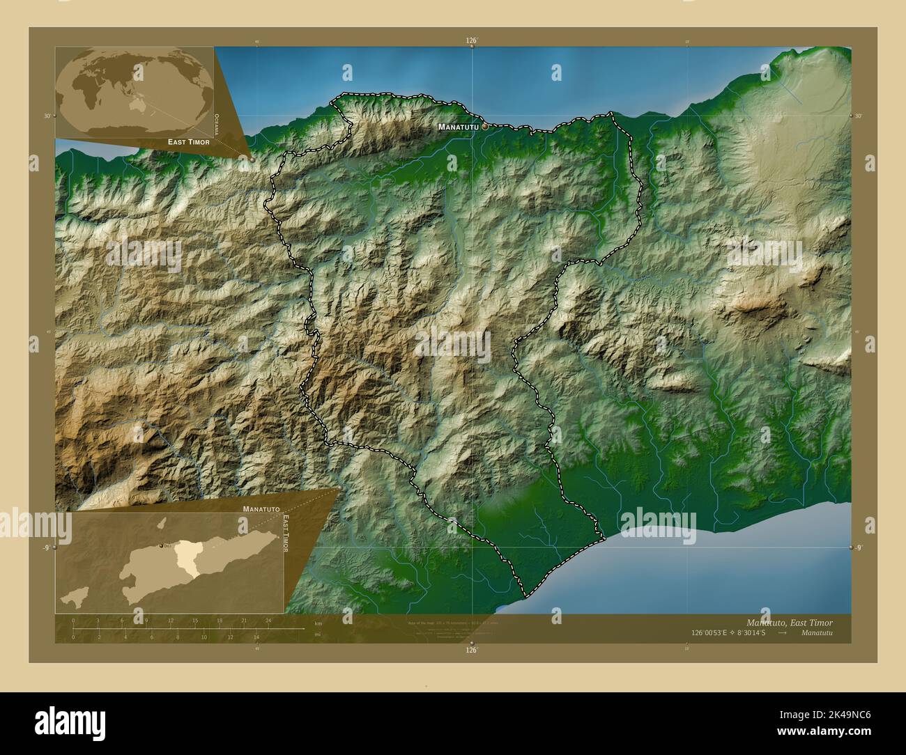 Manatuto, municipality of East Timor. Colored elevation map with lakes and rivers. Locations and ...