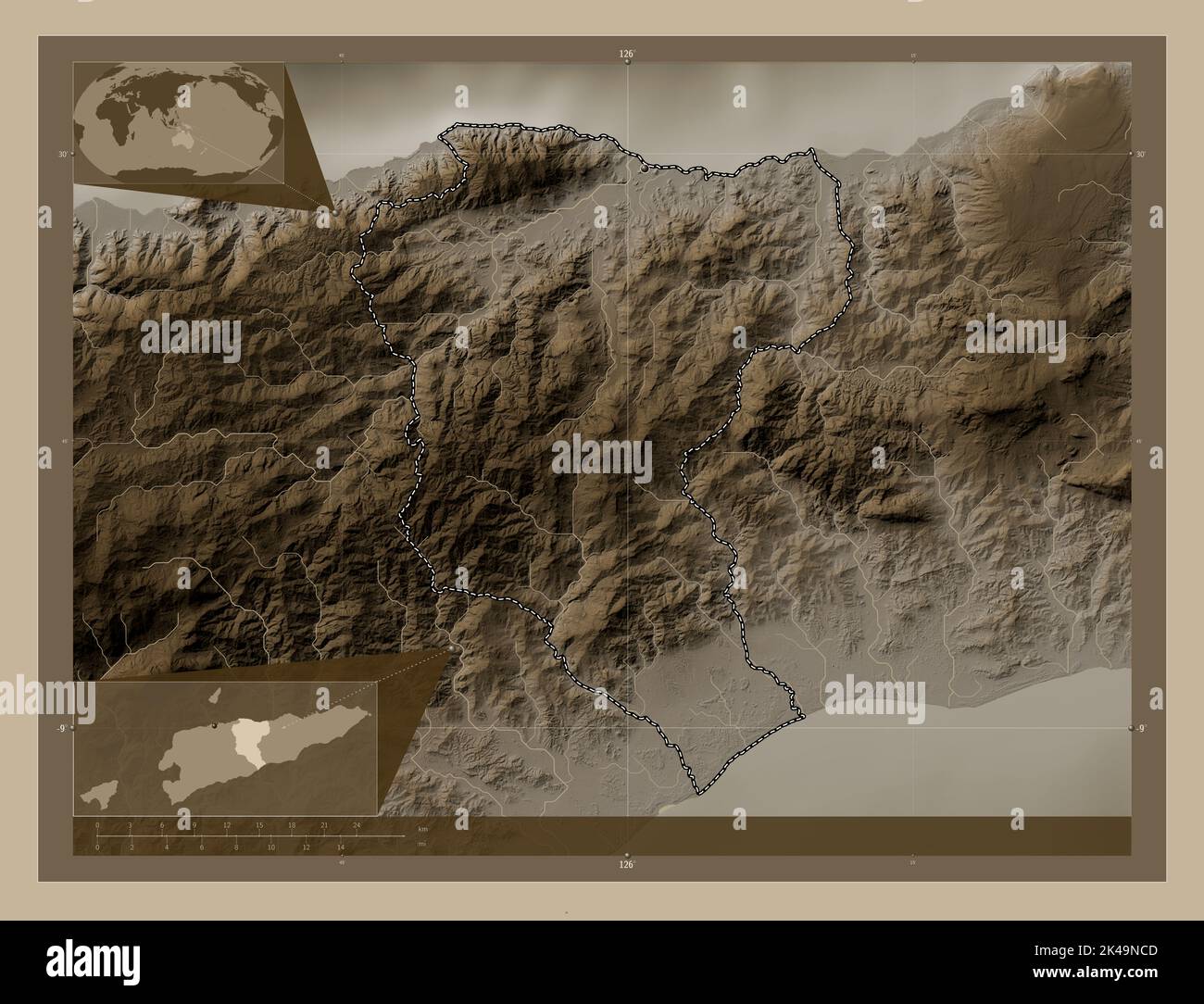 Manatuto, municipality of East Timor. Elevation map colored in sepia ...