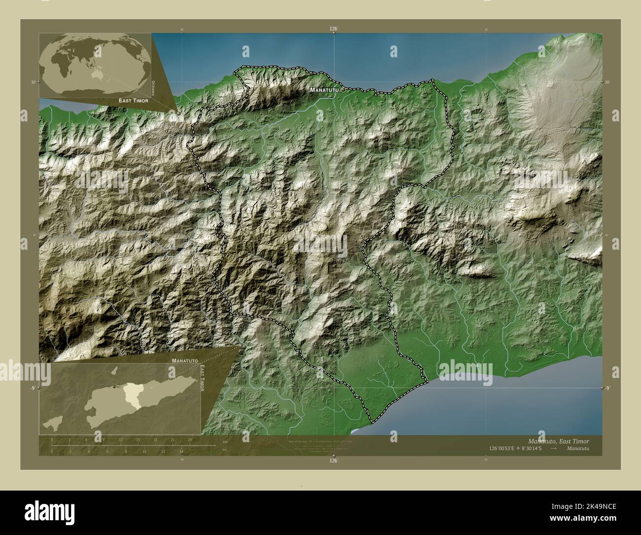 Manatuto, municipality of East Timor. Elevation map colored in wiki style with lakes and rivers ...