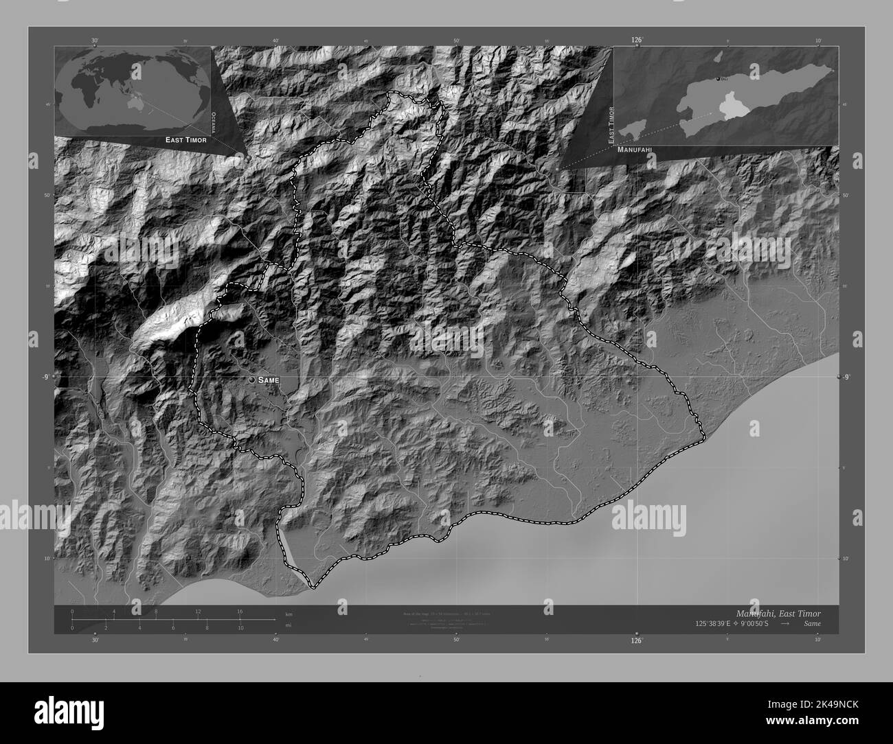 Manufahi, municipality of East Timor. Bilevel elevation map with lakes ...