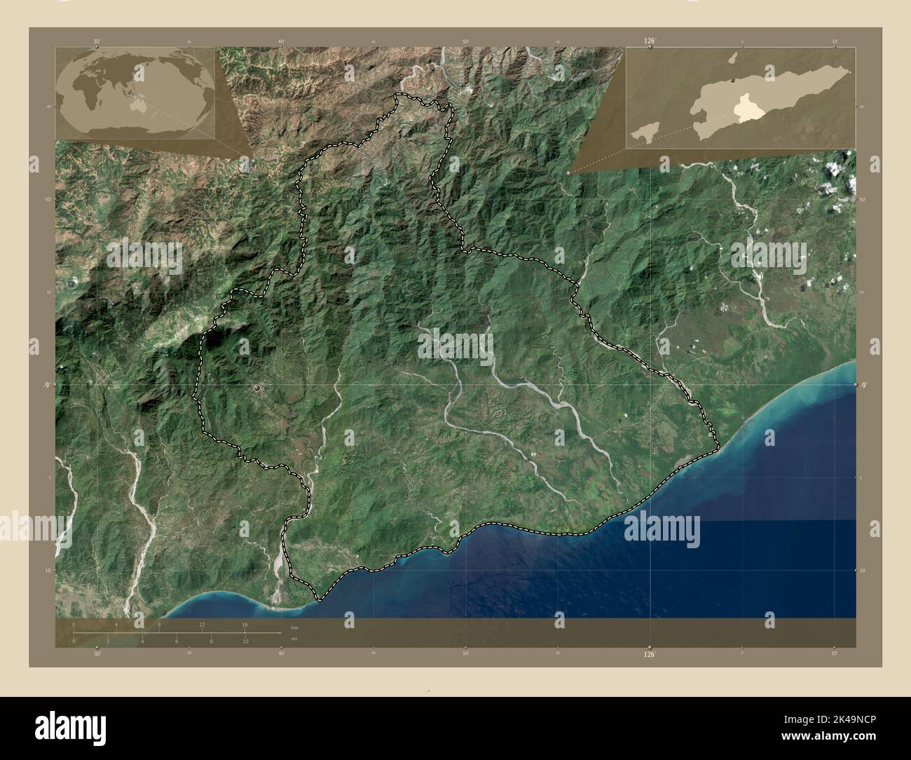 Manufahi, municipality of East Timor. High resolution satellite map. Locations of major cities ...