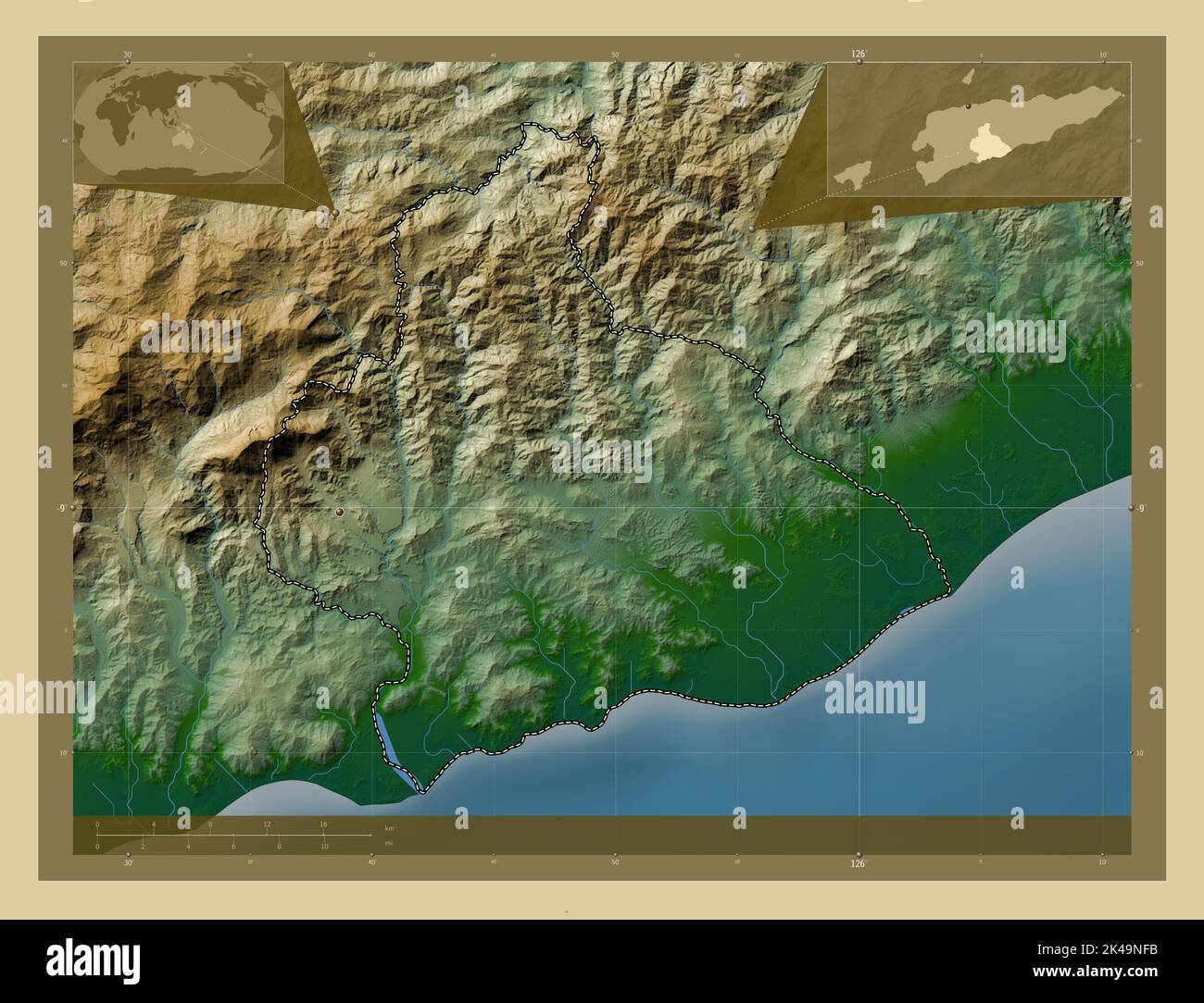 Manufahi, municipality of East Timor. Colored elevation map with lakes and rivers. Corner ...
