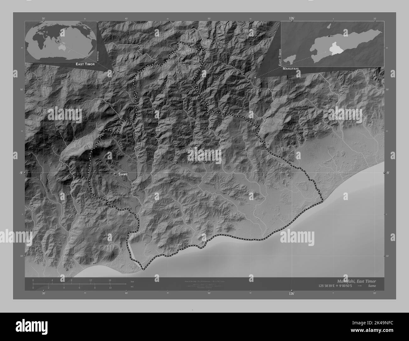 Manufahi, municipality of East Timor. Grayscale elevation map with ...