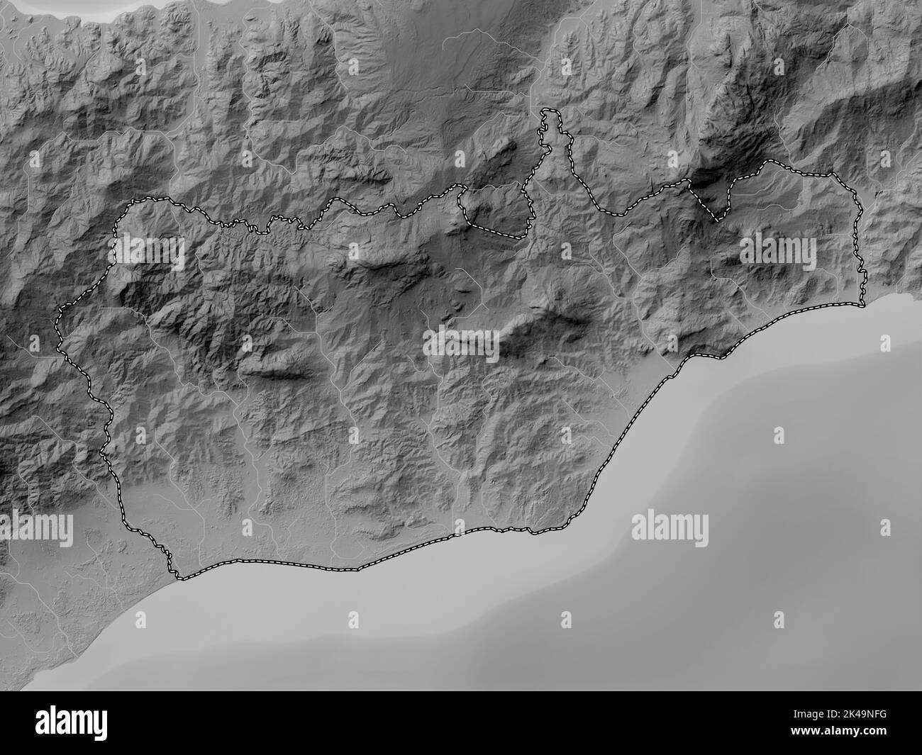 Viqueque, municipality of East Timor. Grayscale elevation map with ...