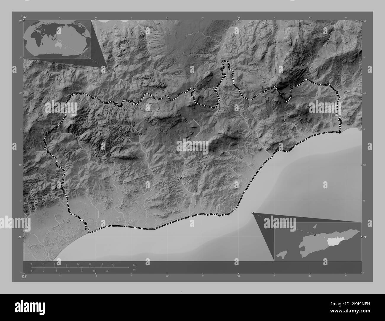Viqueque, municipality of East Timor. Grayscale elevation map with ...