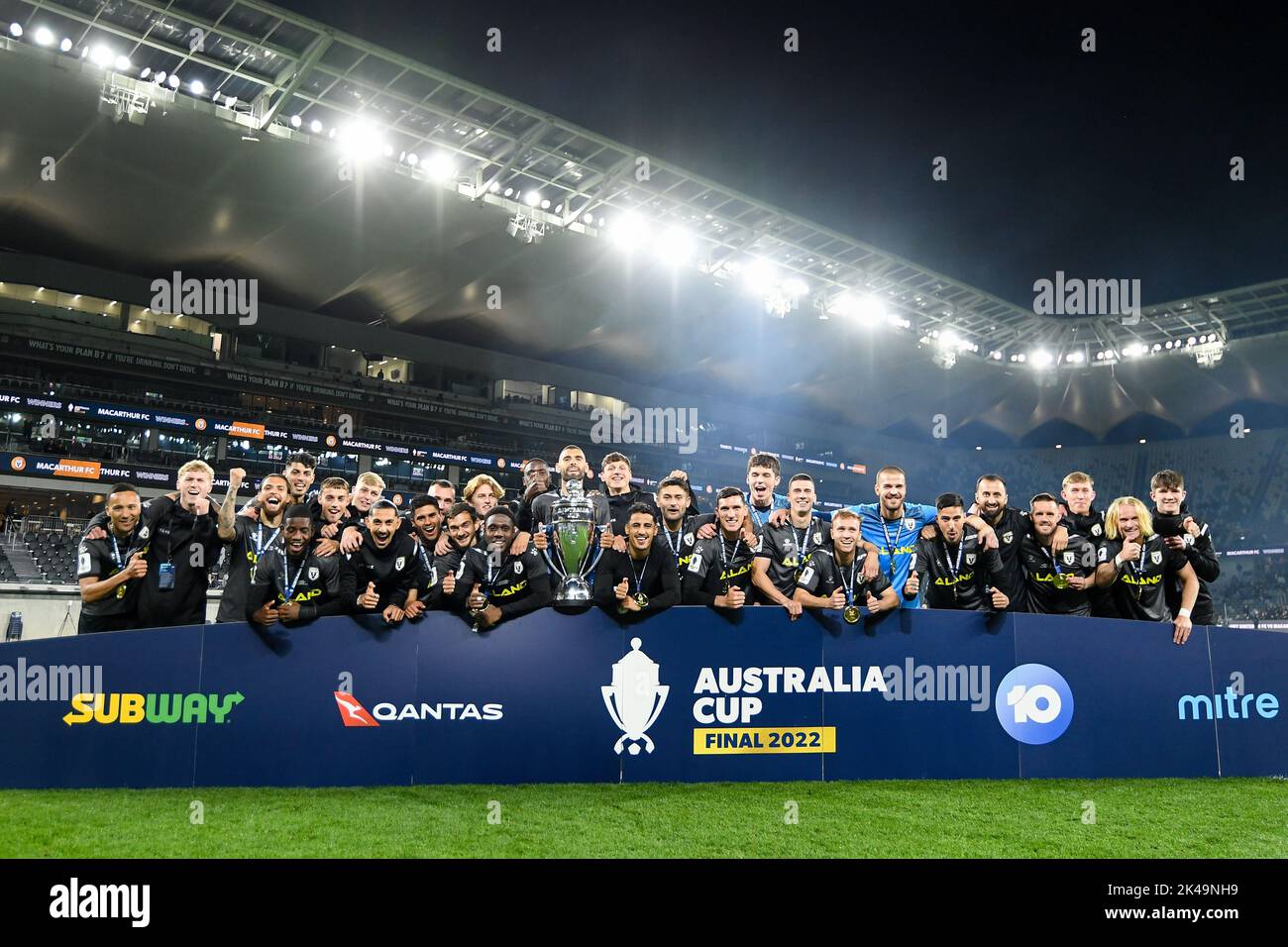 SYDNEY, AUSTRALIA - OCTOBER 01: Macarthur FC celebrate winning the ...