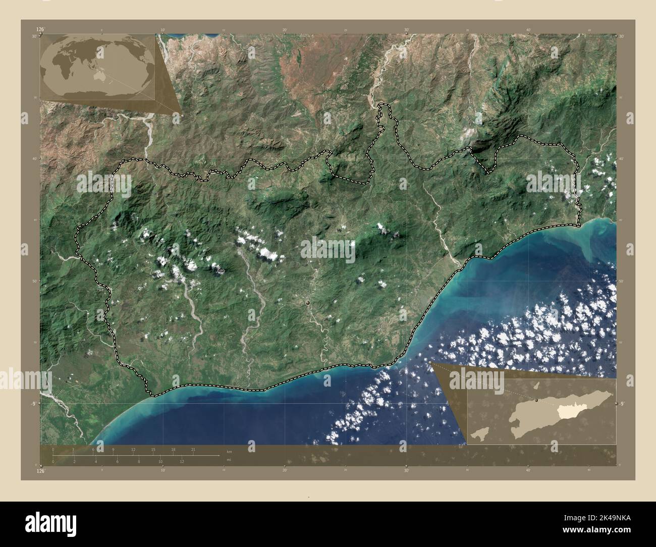 Viqueque, municipality of East Timor. High resolution satellite map. Locations of major cities ...