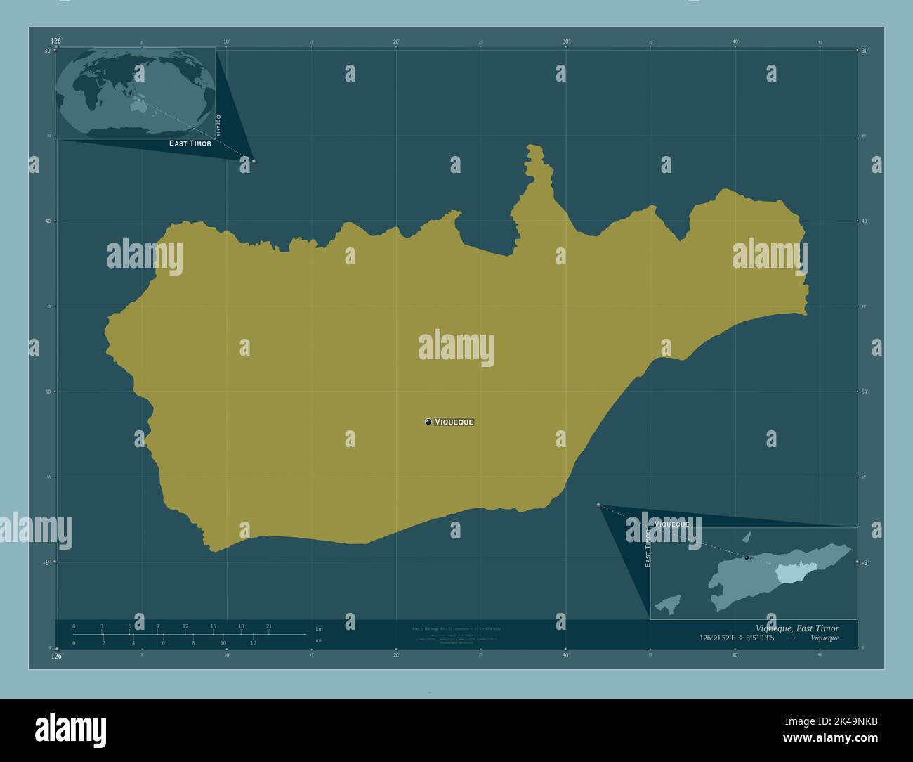 Viqueque, municipality of East Timor. Solid color shape. Locations and ...