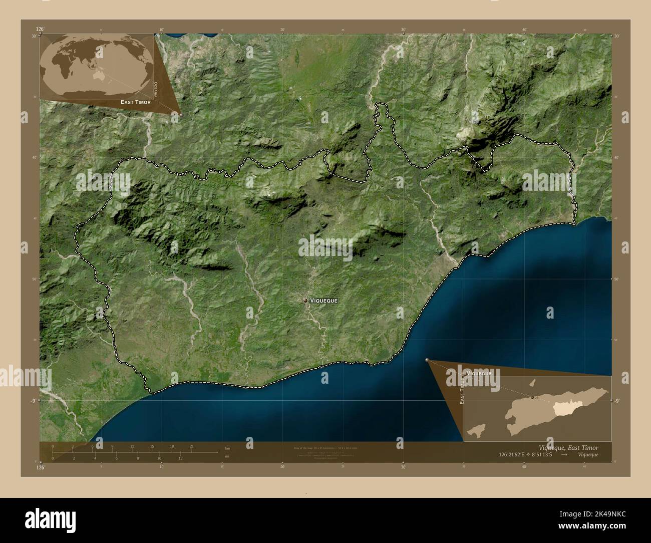 Viqueque, municipality of East Timor. Low resolution satellite map ...
