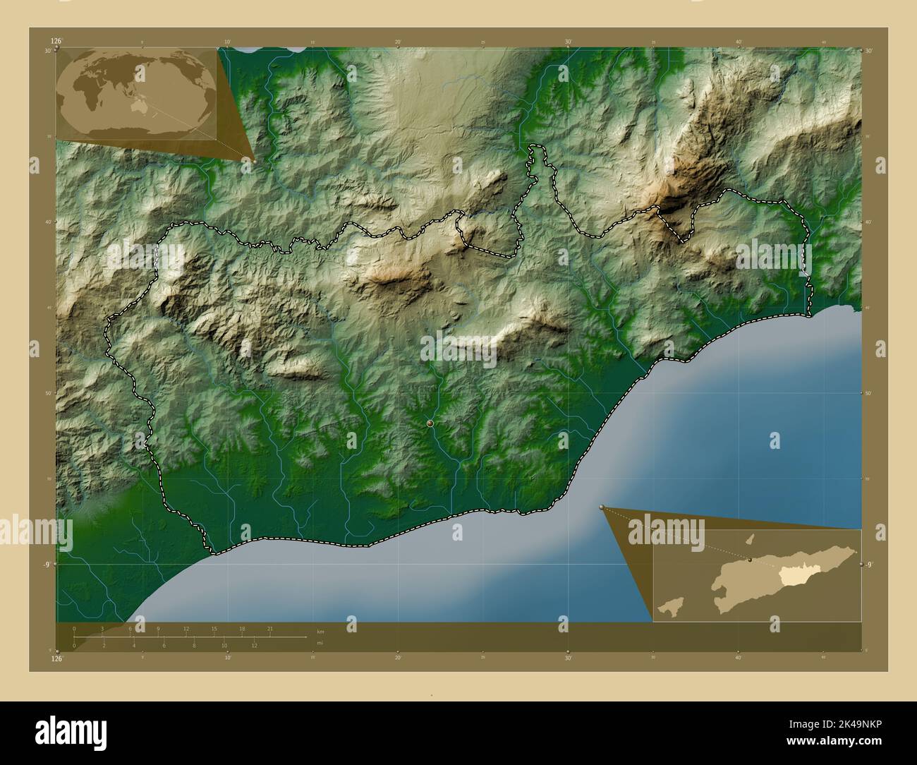 Viqueque, municipality of East Timor. Colored elevation map with lakes ...