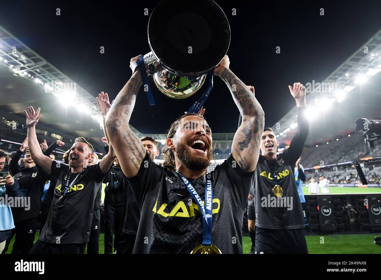 SYDNEY, AUSTRALIA - OCTOBER 01: Macarthur FC celebrate winning the ...