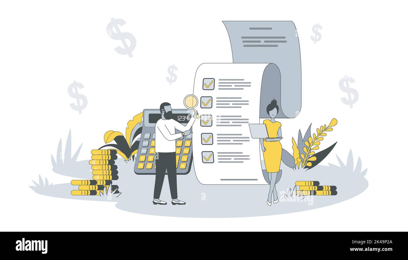 Accounting concept in flat design with people. Man and woman ...