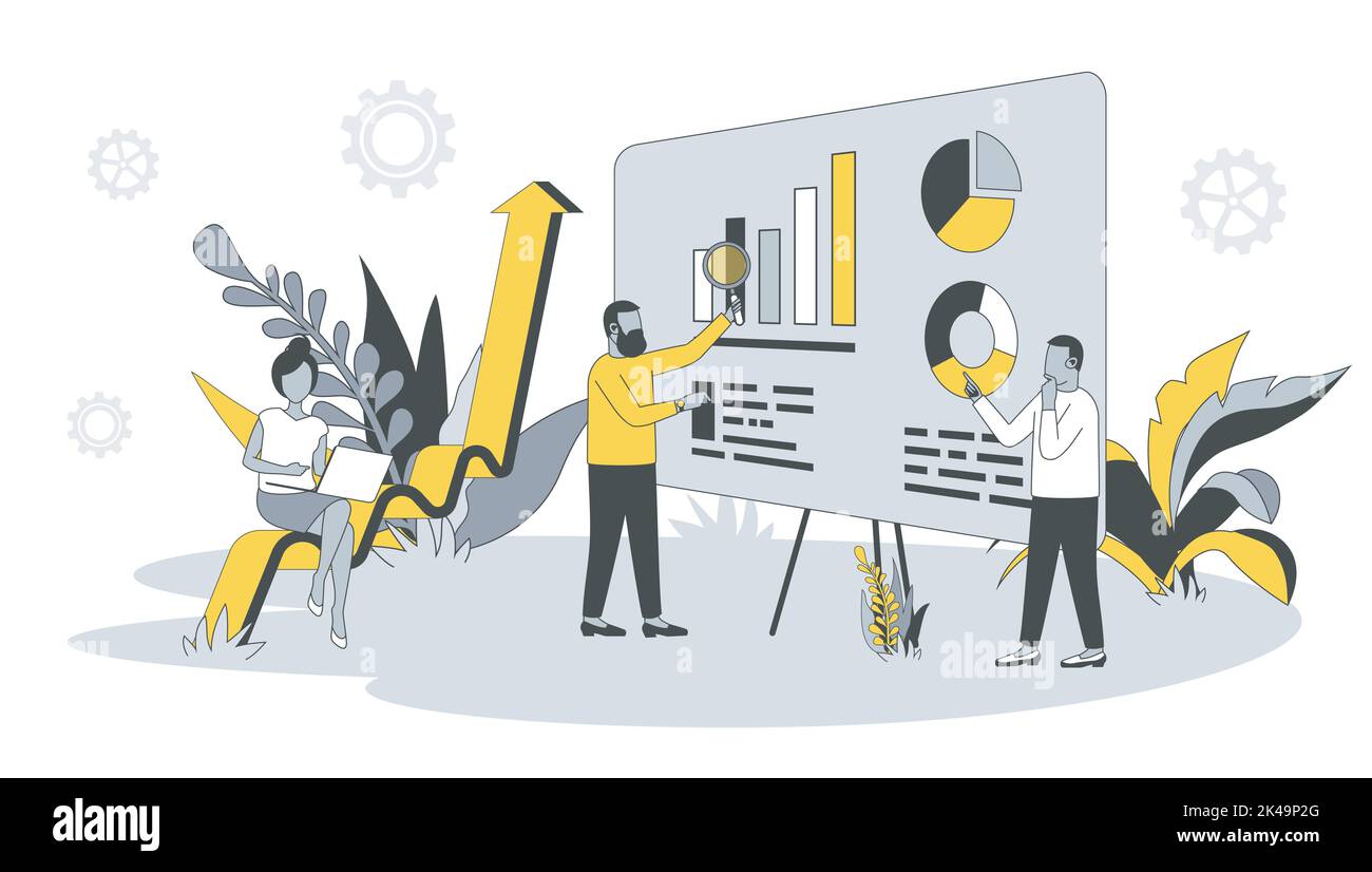 Analytics concept in flat design with people. Men and woman analyzing ...