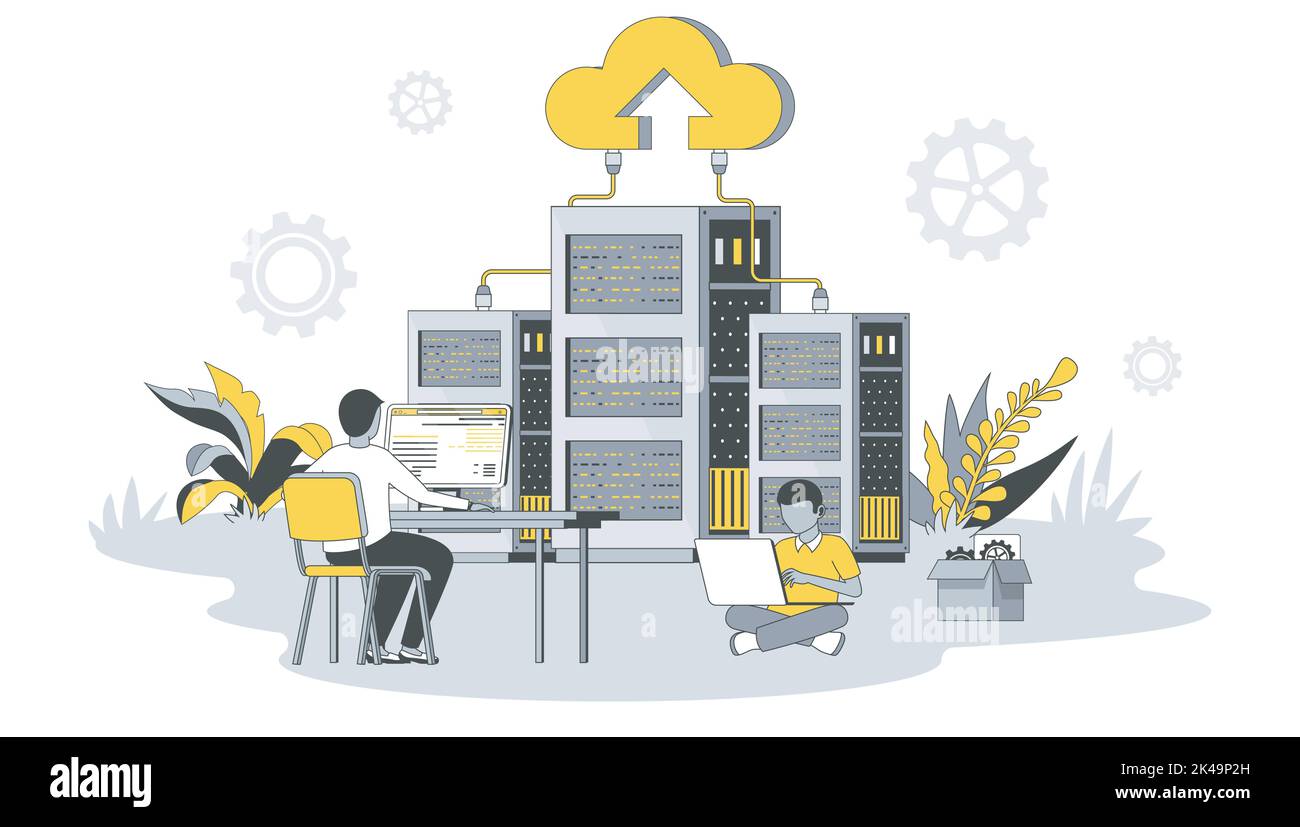 Data center concept in flat design with people. Men maintain hardware ...