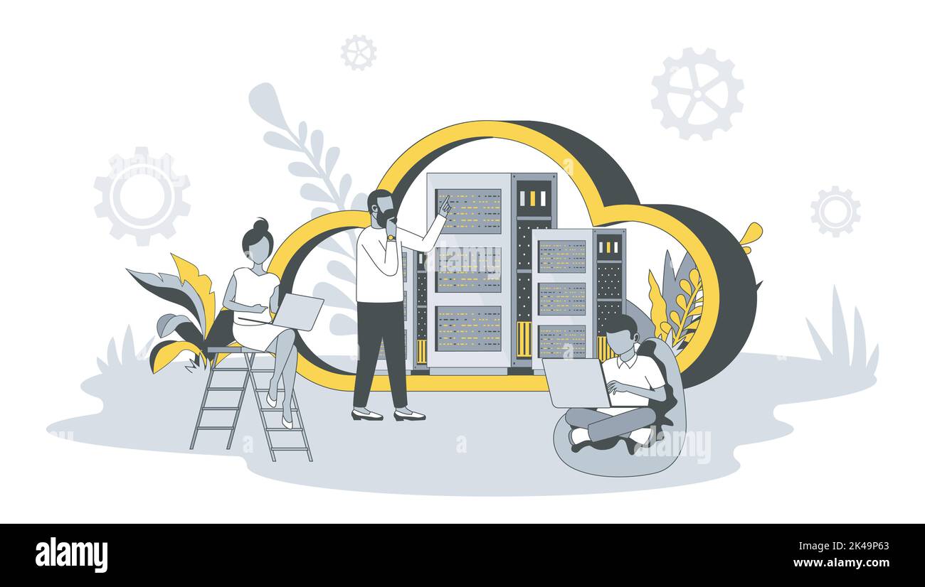 Cloud computing concept in flat design with people. Man and woman using ...