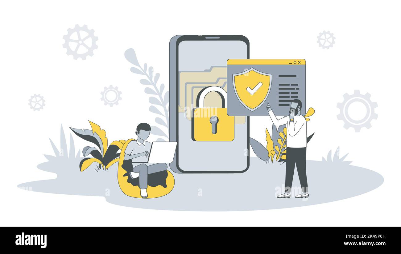 Data protection concept in flat design with people. Men work in ...