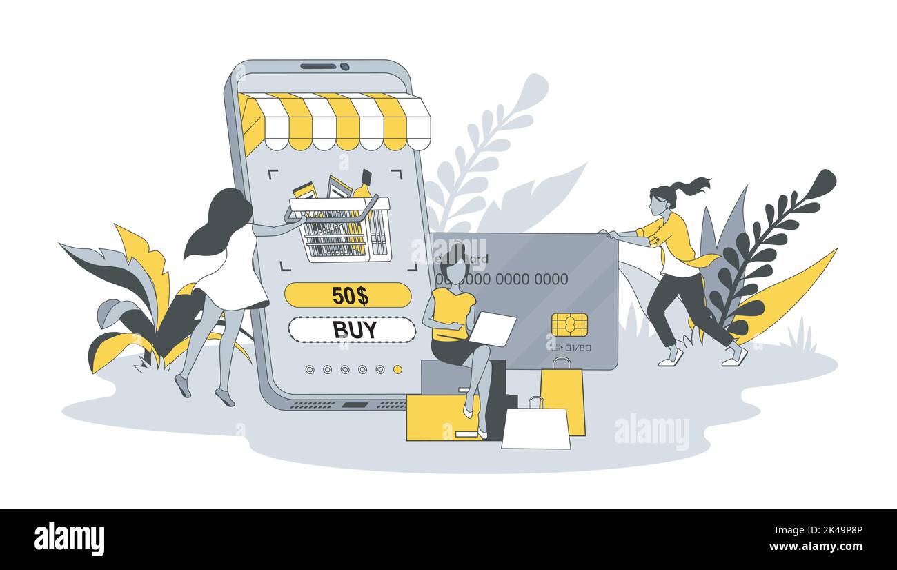 E-commerce concept in flat design with people. Women make purchases ...