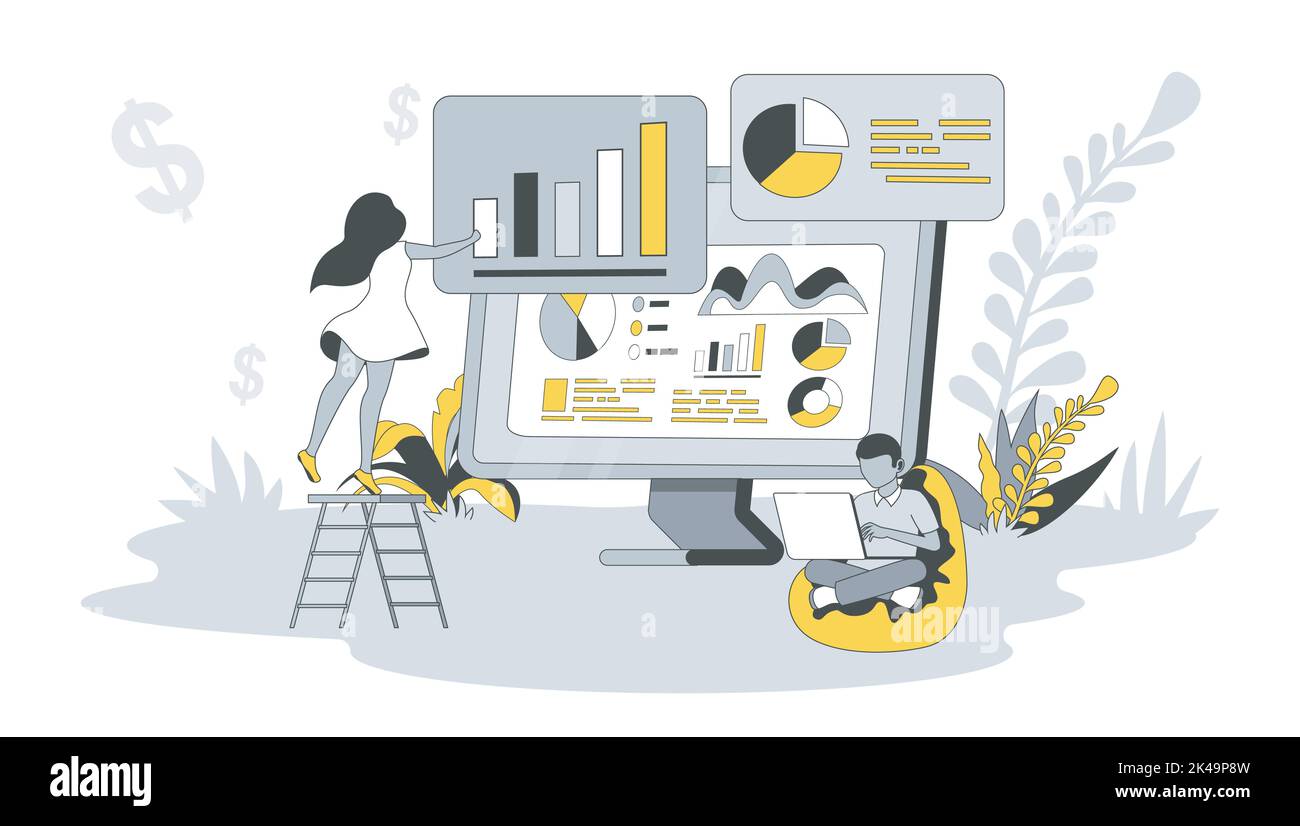 Economic concept in flat design with people. Woman and man analyzing ...