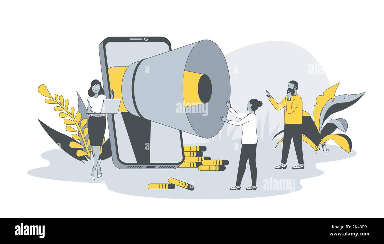 Marketing concept in flat design with people. Woman with megaphone ...