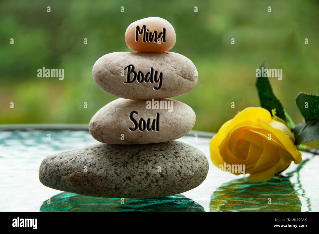 Mind, Body and Soul words engraved on zen stones with blurred nature ...