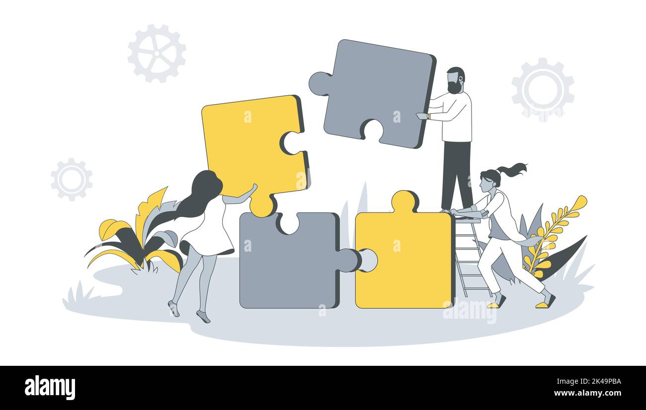 Teamwork concept in flat design with people. Man and women work and ...