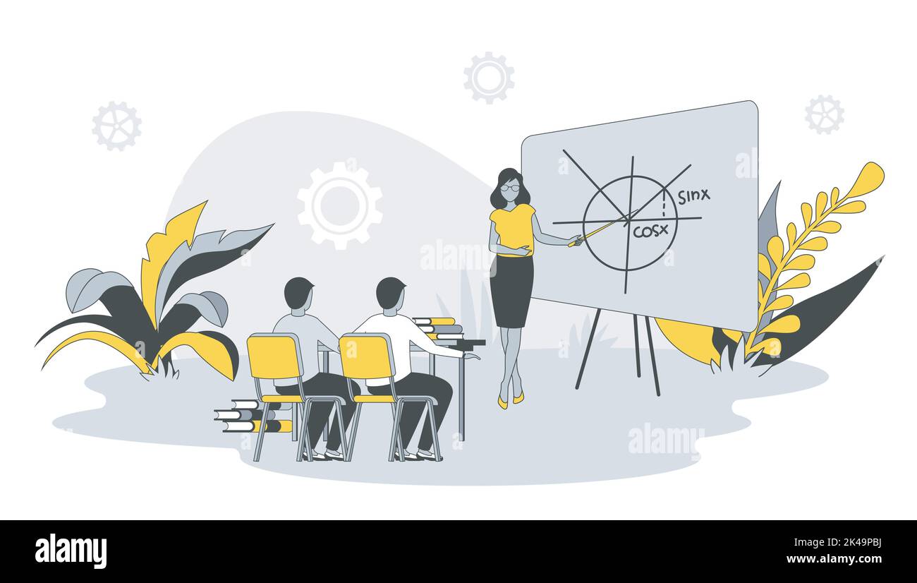 Teaching concept in flat design with people. Woman teacher explain ...