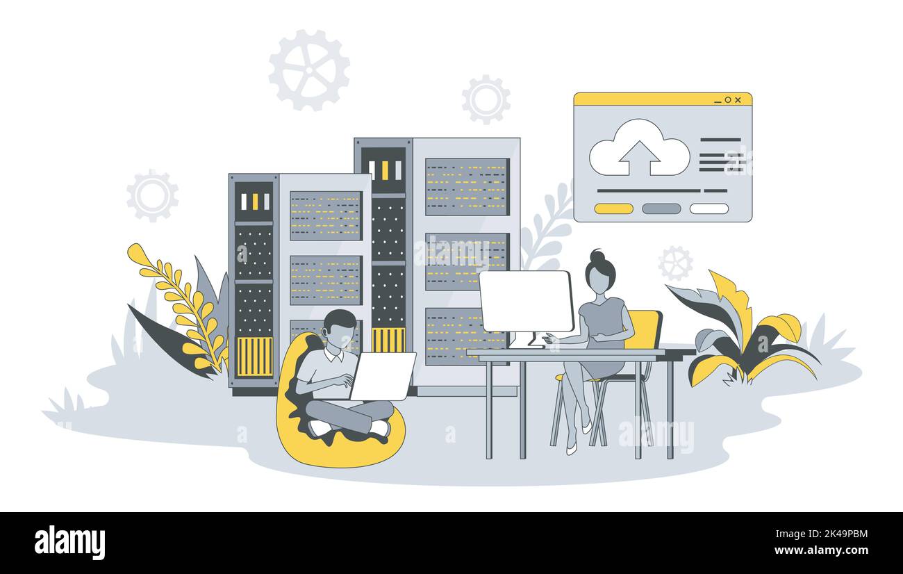 Web Hosting Concept In Flat Design With People Man And Women Working