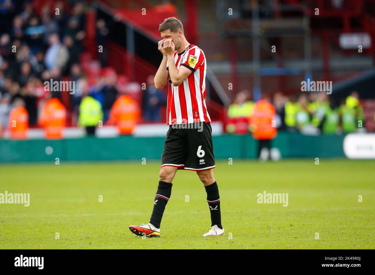 Chris Basham #6 of Sheffield United reacts after the Sky Bet ...