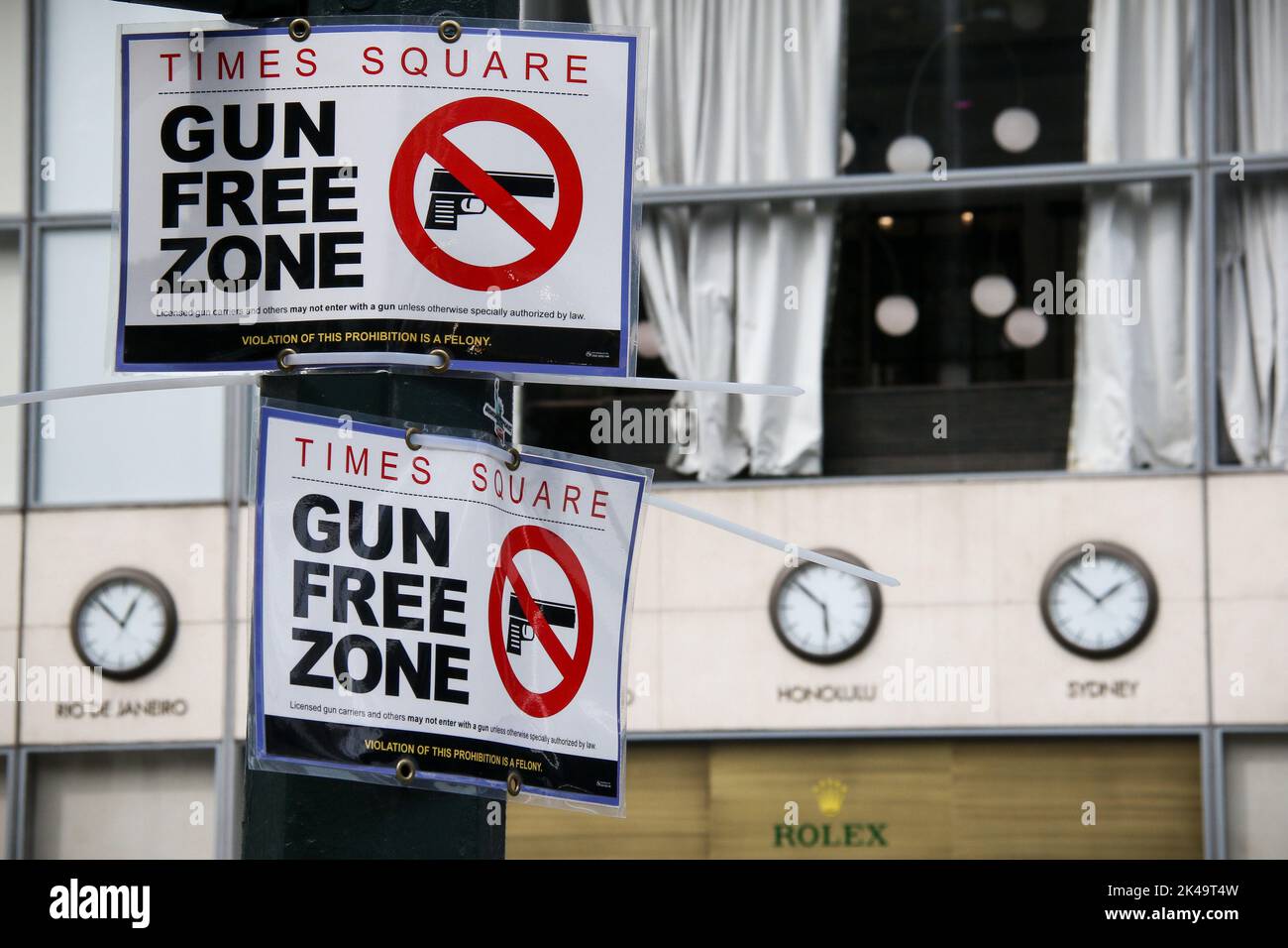 Gun Free Zone signs near Times Square on September 30, 2022, in New ...