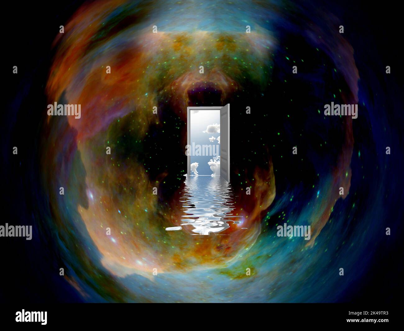 Opened door to another world in endless universe. 3D rendering Stock ...