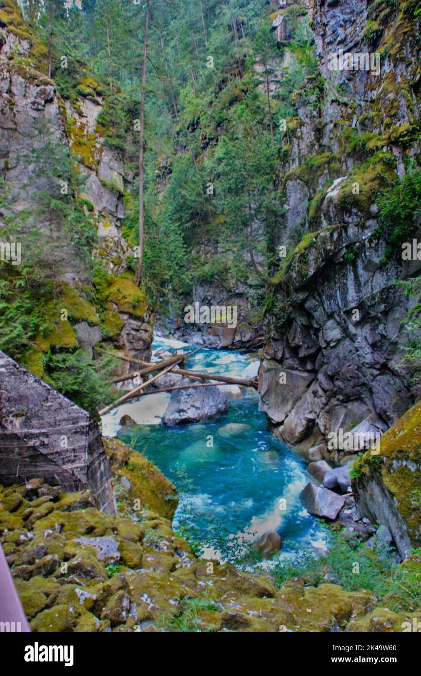 A clean, river flowing through forest and rocks, vertical Stock Photo ...