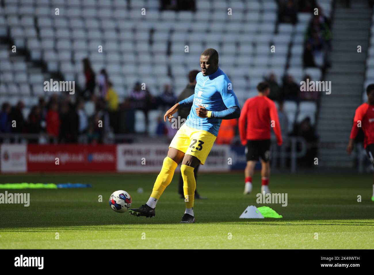 Bambo Diaby #19 of Preston warms up during the Sky Bet Championship ...