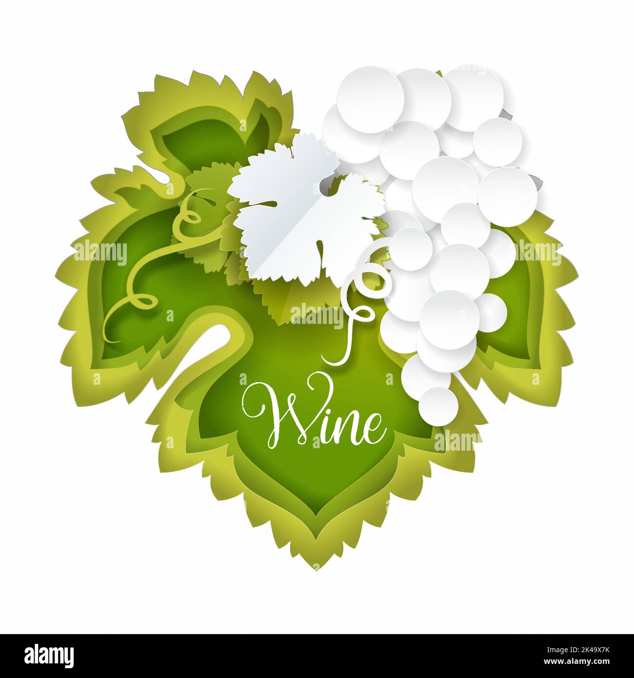 Vector paper cut bunch of grapes with green leaf. White grape vine ...