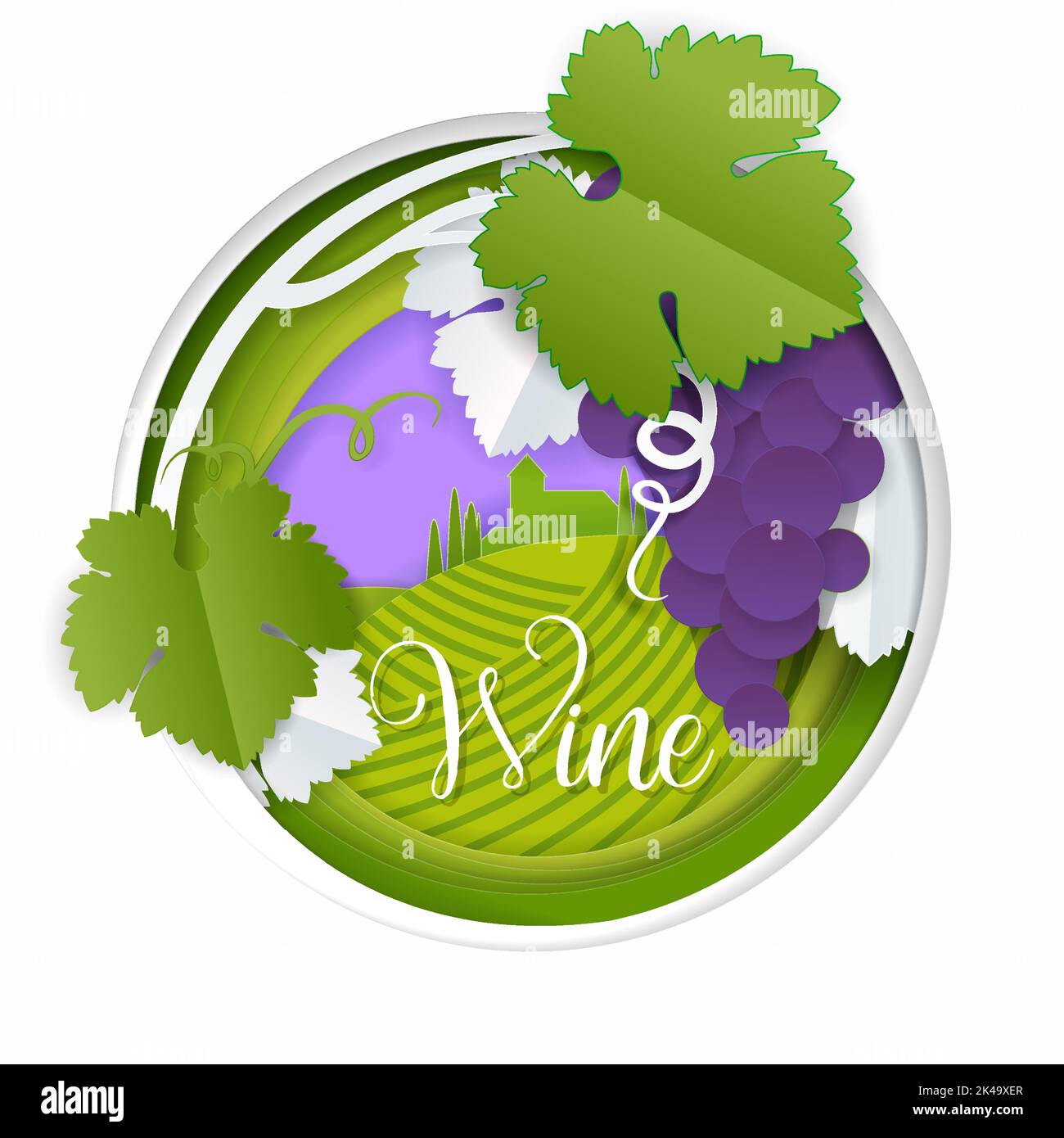 Vector paper cut bunch of grapes with leaf. Purple grape vine, vineyard ...