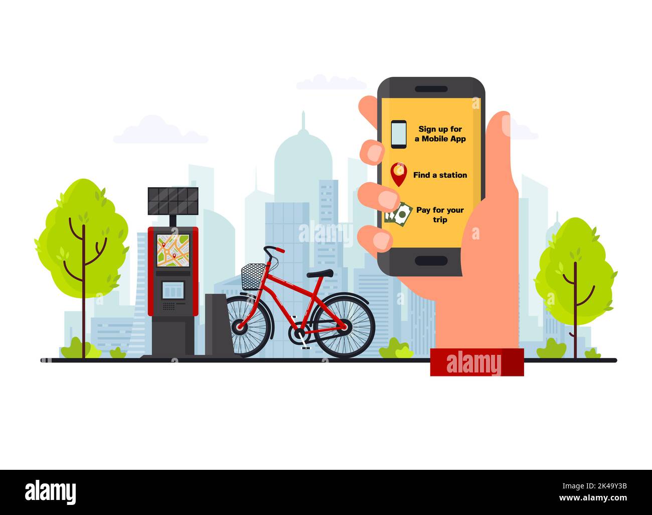 Bike rental service concept vector flat illustration. Human hand ...