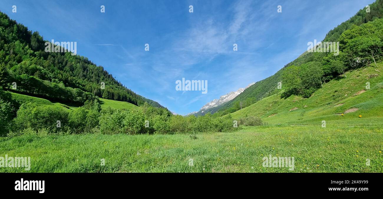 A wide green field with a blue cloudy sky Stock Photo - Alamy