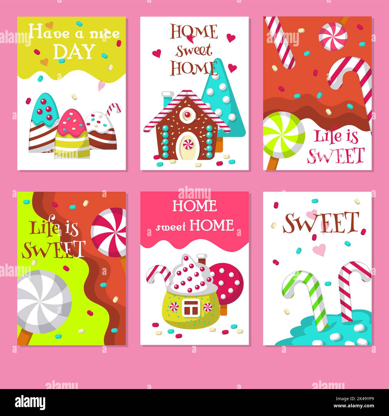Vector set of cards with sweet candies and inspirational quotations ...
