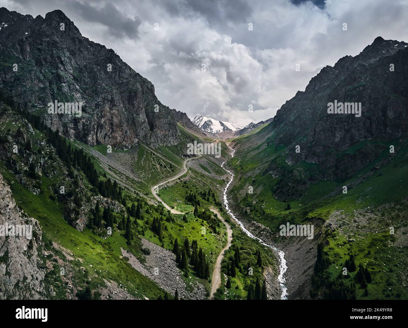 Beautiful scenery of the mountains with snow glacier and river in at ...