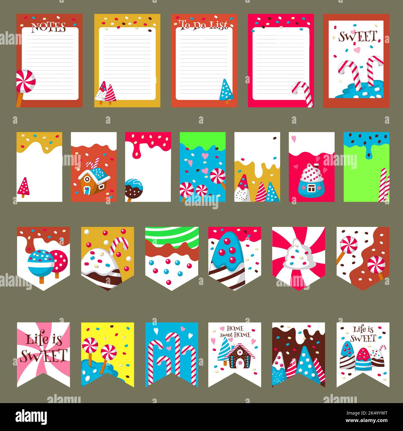 Vector set of cards, flags party decorations with yummy sweets candies ...