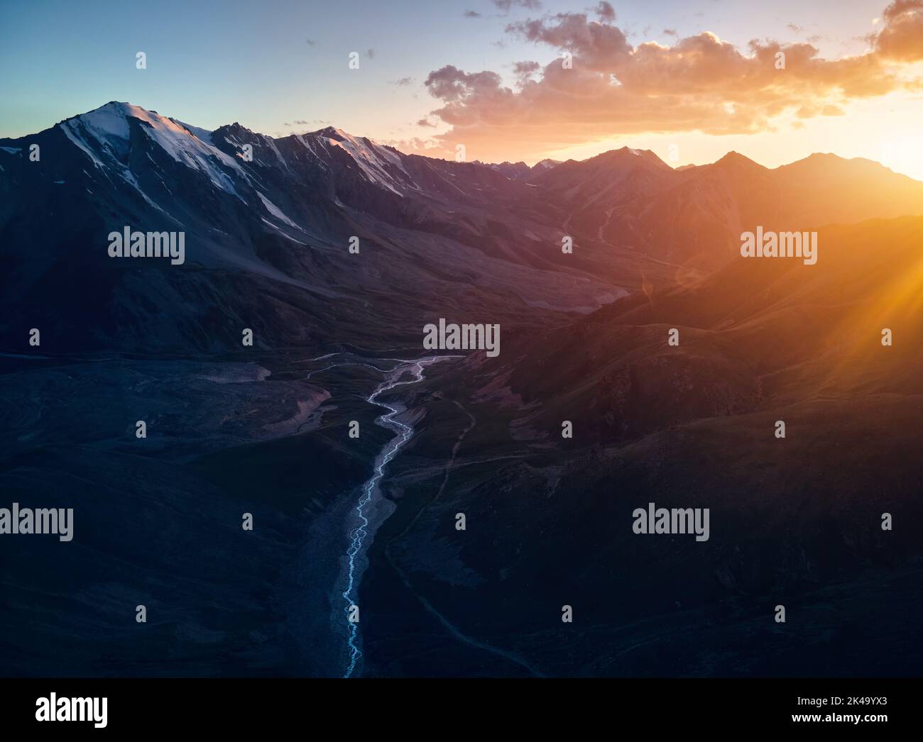 Beautiful scenery of the mountains with snow glacier and river in ...