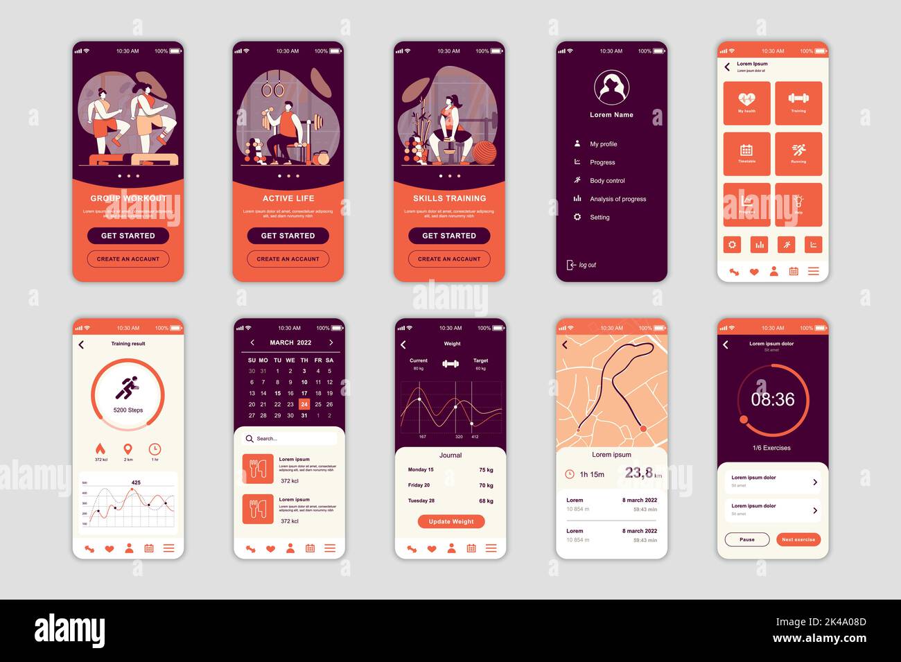 Fitness concept screens set for mobile app template. People at groupe workout, online training ...