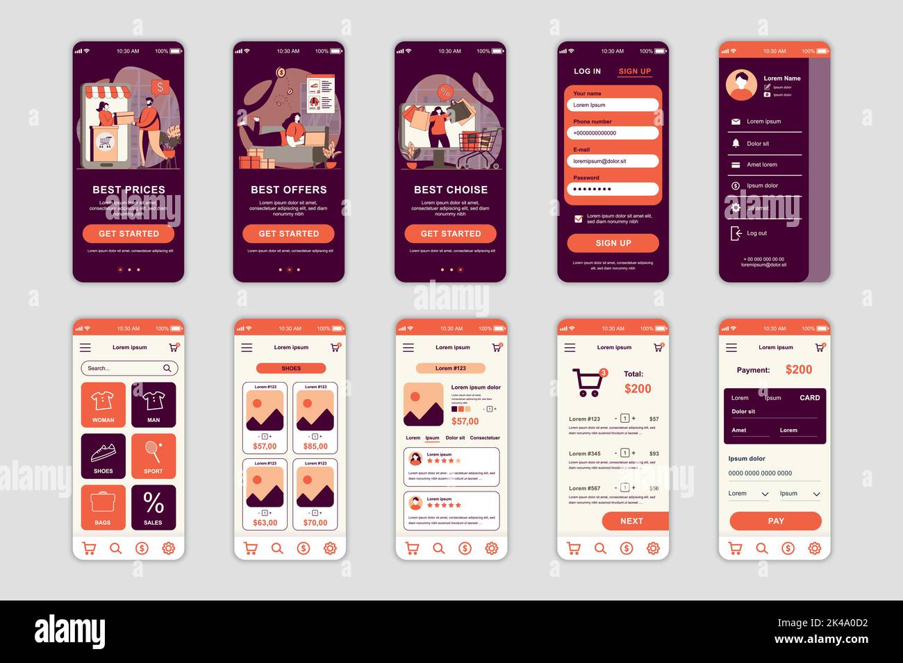 Shopping concept screens set for mobile app template. People shop at ...