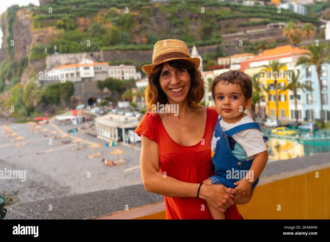 A mother and son on summer vacation at Ponta do Sol Beach, Madeira ...
