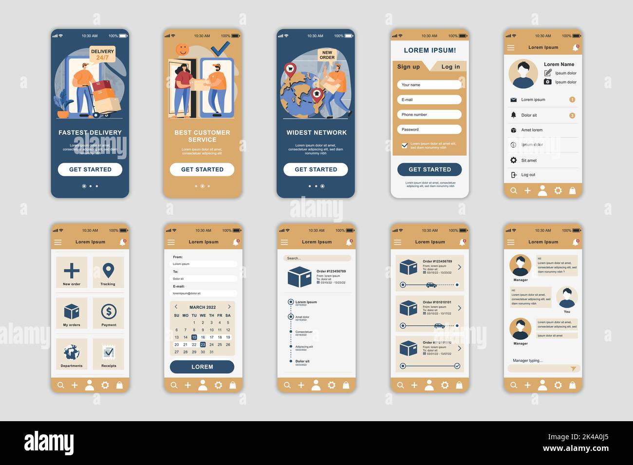 Delivery concept screens set for mobile app template. People use online order and fast shipping ...