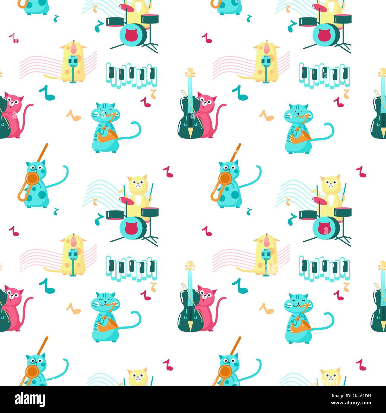 Vector seamless pattern with cute little cats playing musical ...