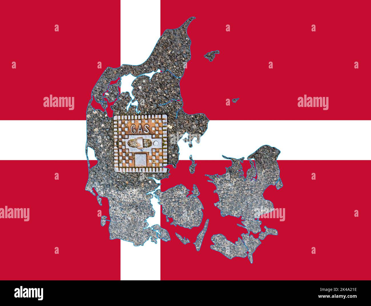 Outline map of Denmark with the image of the national flag. Manhole cover of the gas pipeline ...